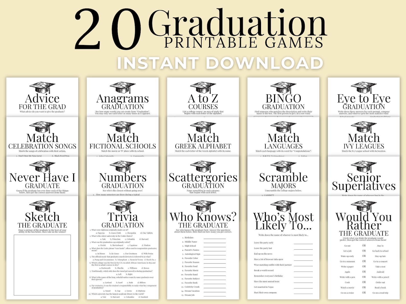 Graduation Printable Party Games Bundle, Trivia, Matching Games, Bingo ...