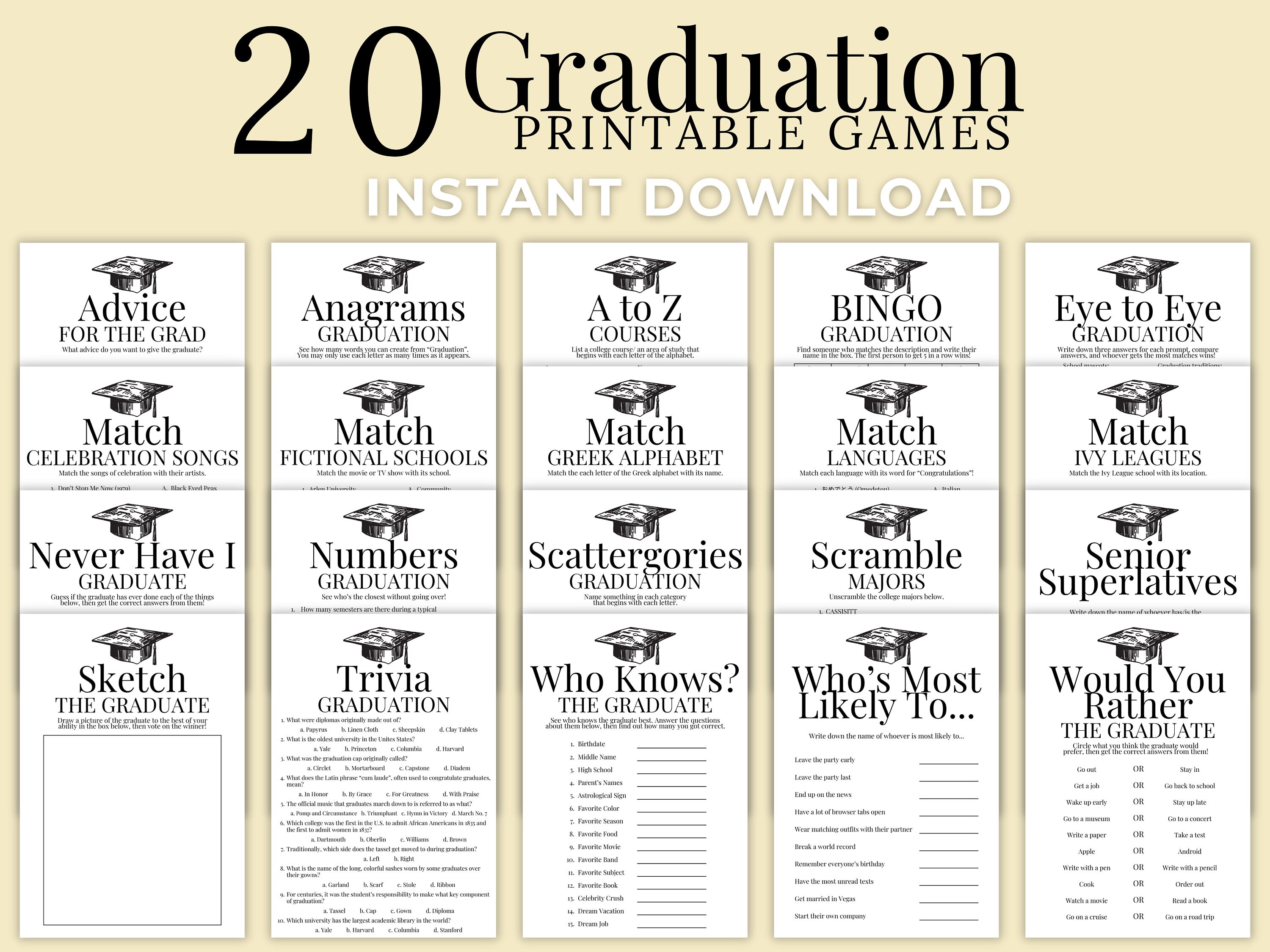 Graduation Printable Party Games Bundle, Trivia, Matching Games, Bingo ...
