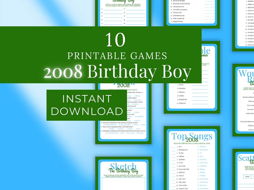 17th Birthday Printable Party Game Bundle, Birthday Boy Gift, 2008 ...