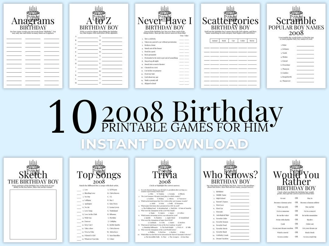 18th Birthday Printable Party Game Bundle, Birthday Boy Gift, 2008 ...