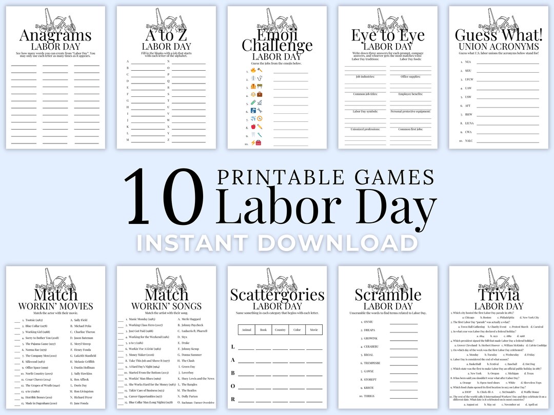 Labor Day Printable Party Games Bundle, Trivia, Matching Games, Emoji ...