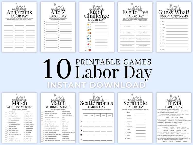 Labor Day Printable Party Games Bundle, Trivia, Matching Games, Emoji ...