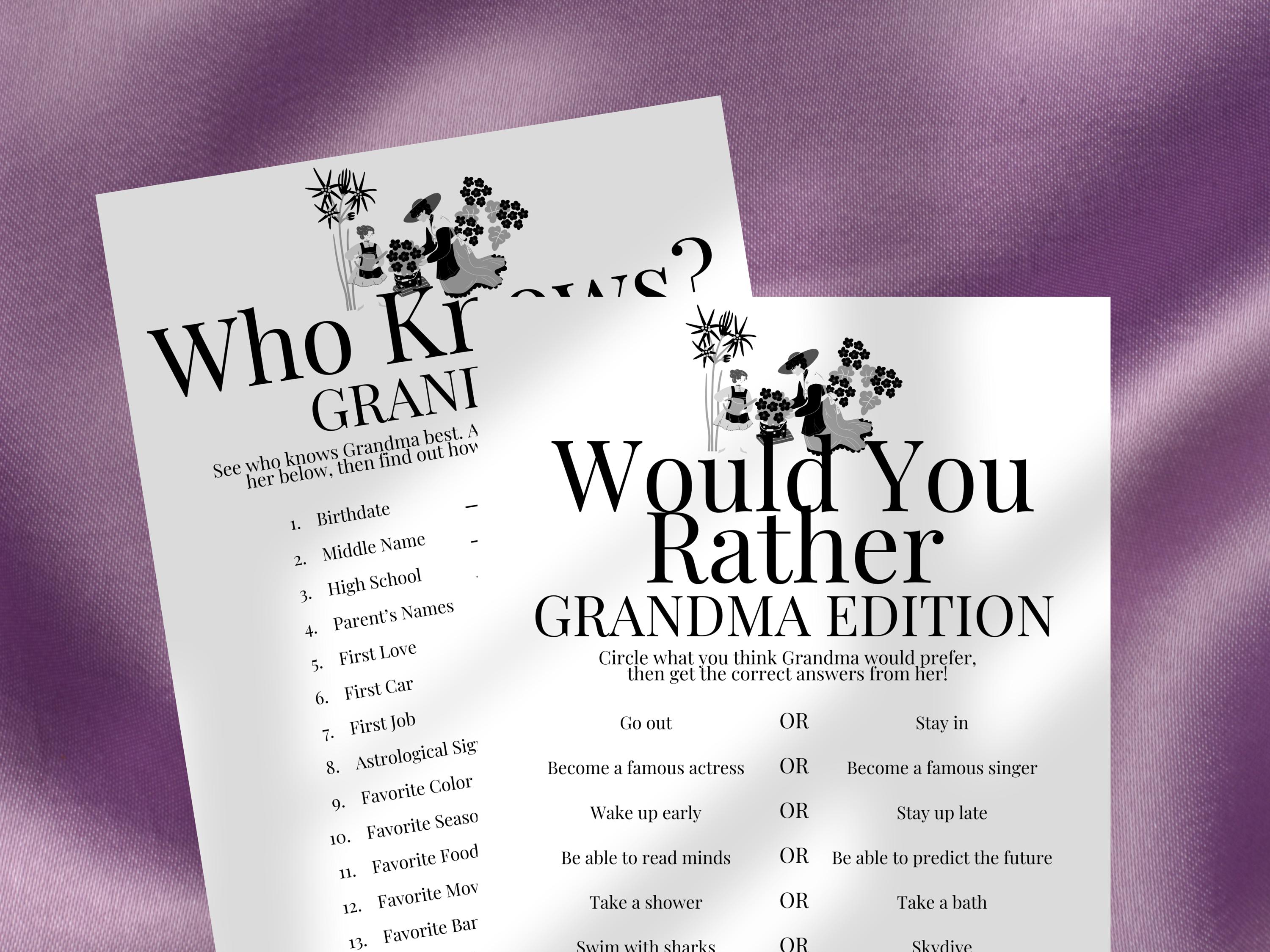 Grandma Printable Party Game Bundle, Grandmother Gift, Grandma Would ...
