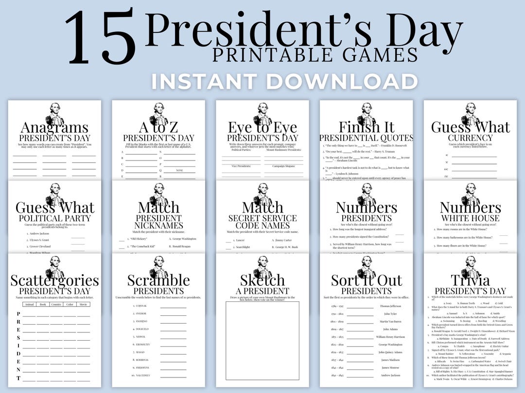 President's Day Printable Party Games Bundle, President's Day Trivia ...