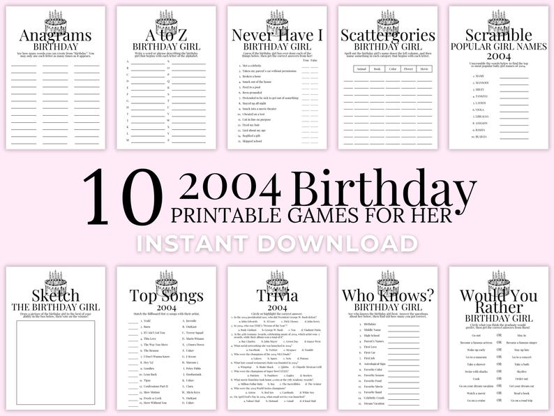 21st Birthday Printable Party Game Bundle, Birthday Girl Gift, 2004 ...