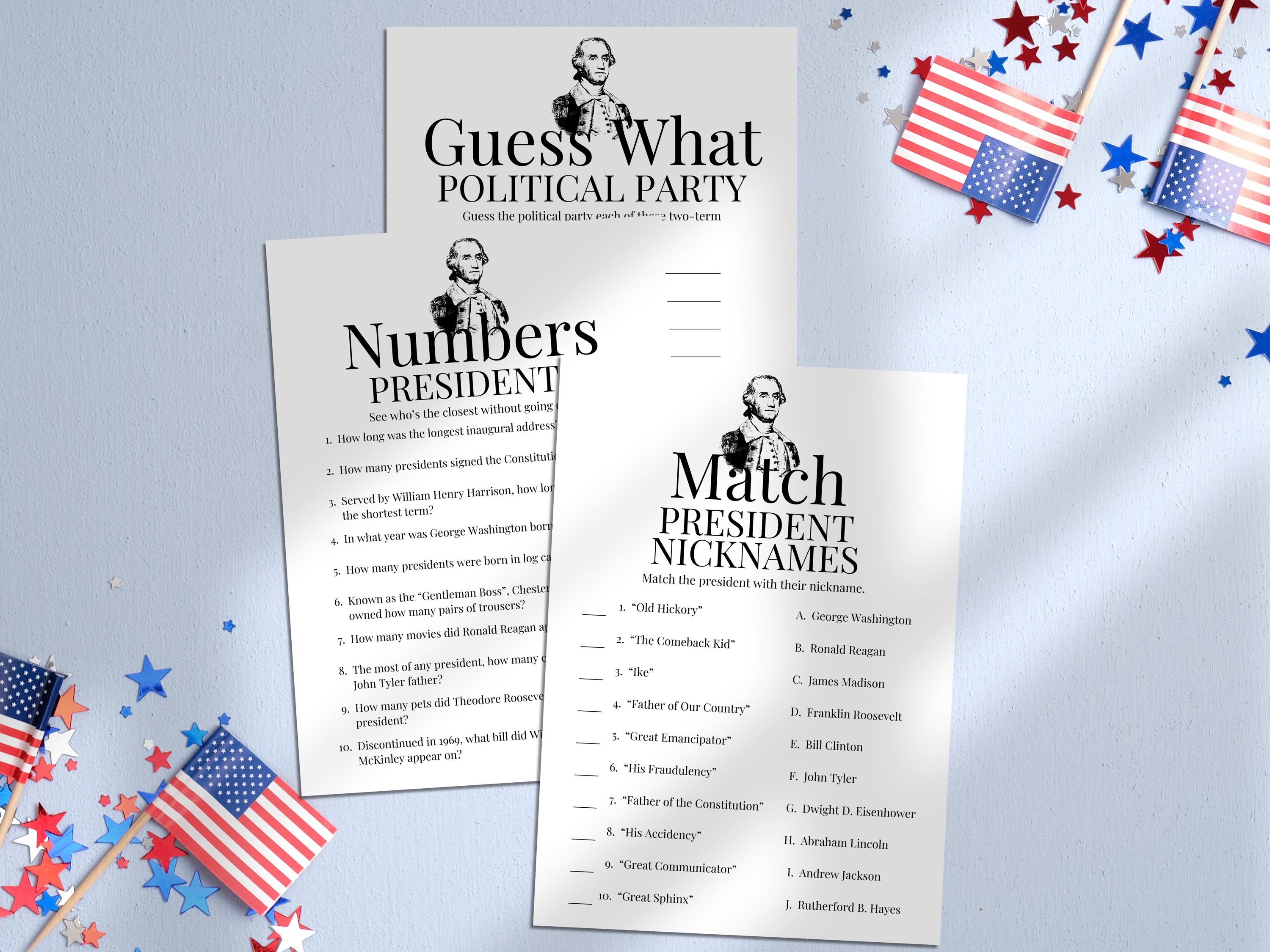 President's Day Printable Party Games Bundle, President's Day Trivia ...