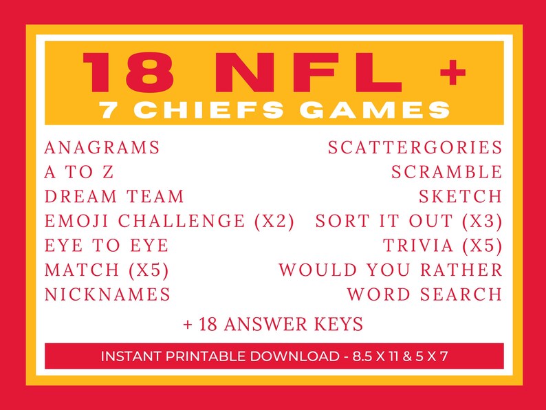 Chiefs Printable Party Games Bundle, Football Trivia, NFL Team Word ...
