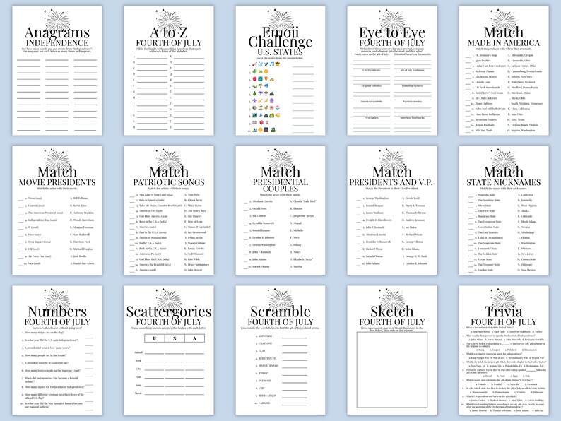 4th of July Printable Party Games Bundle, Fourth of July Trivia, Match ...