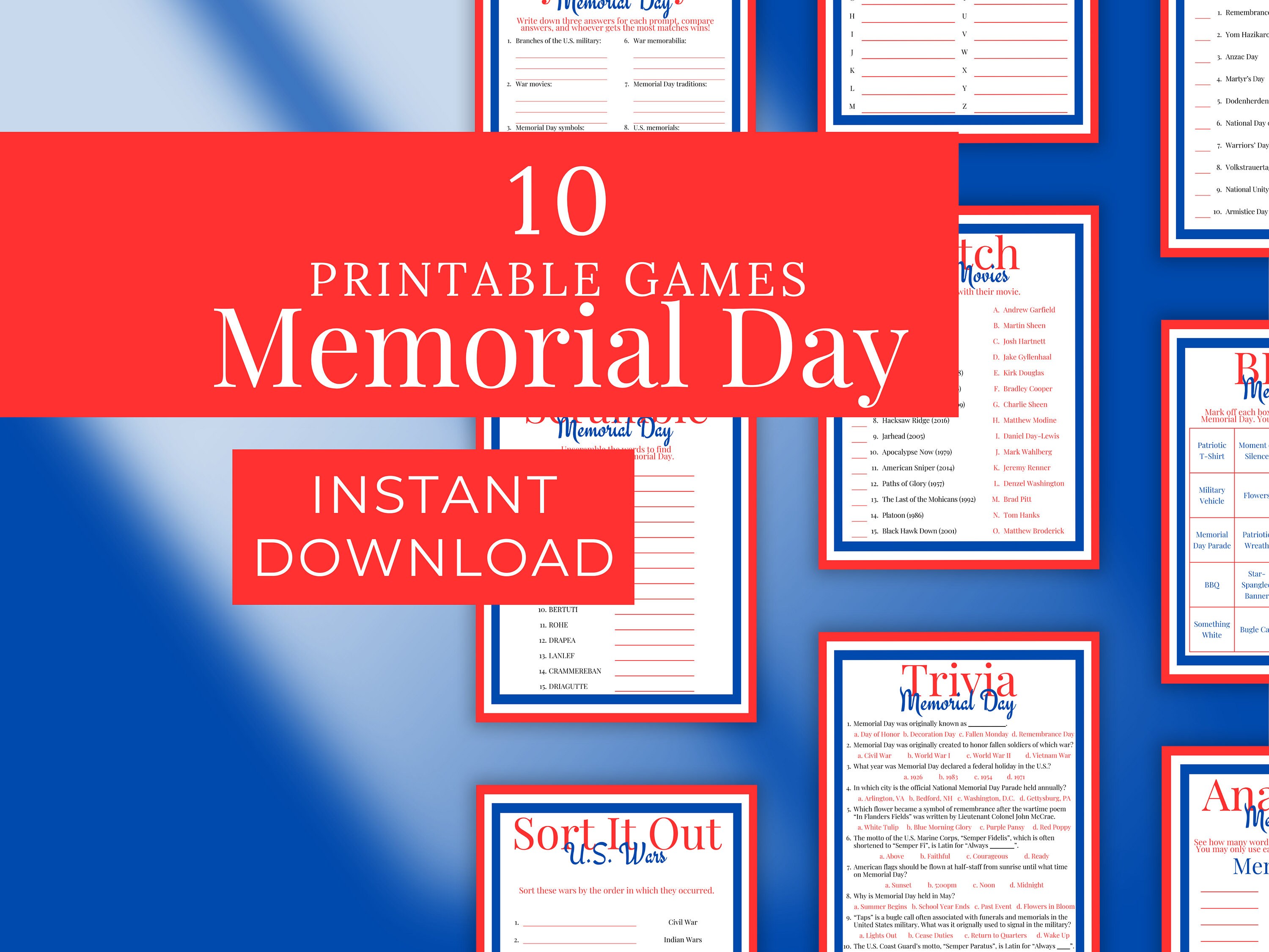 Memorial Day Printable Party Games Bundle, Trivia, Matching Games ...