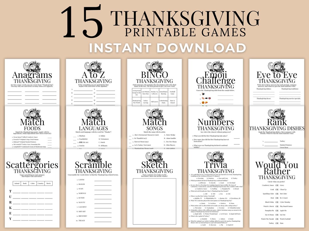 Thanksgiving Day Printable Party Games Bundle, Thanksgiving Trivia ...