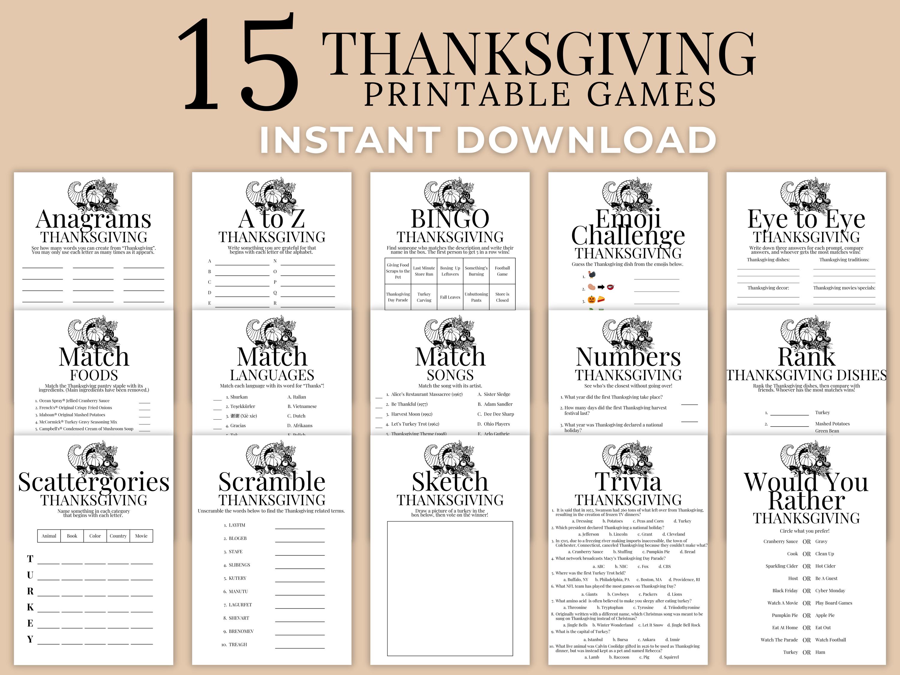 Thanksgiving Day Printable Party Games Bundle, Thanksgiving Trivia ...