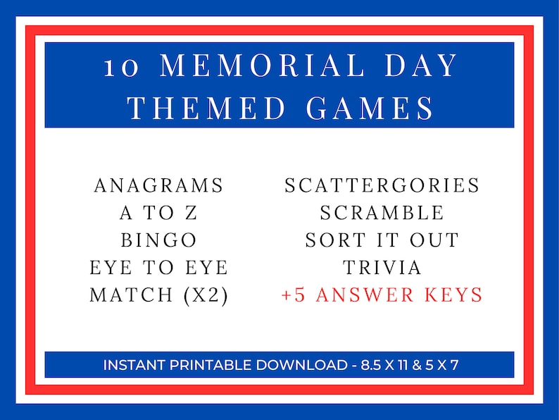 Memorial Day Printable Party Games Bundle, Trivia, Matching Games ...
