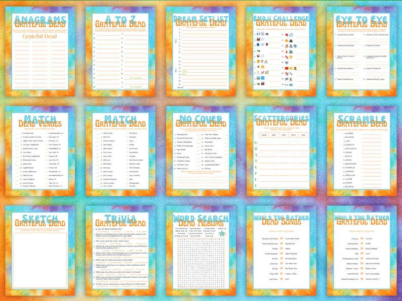 Grateful Dead Printable Party Games Bundle, Deadhead Gift, Tie Dye Fun ...