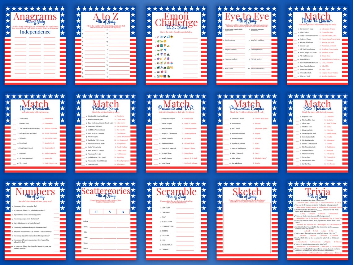 4th of July Printable Party Games Bundle, Fourth of July Trivia, Match ...