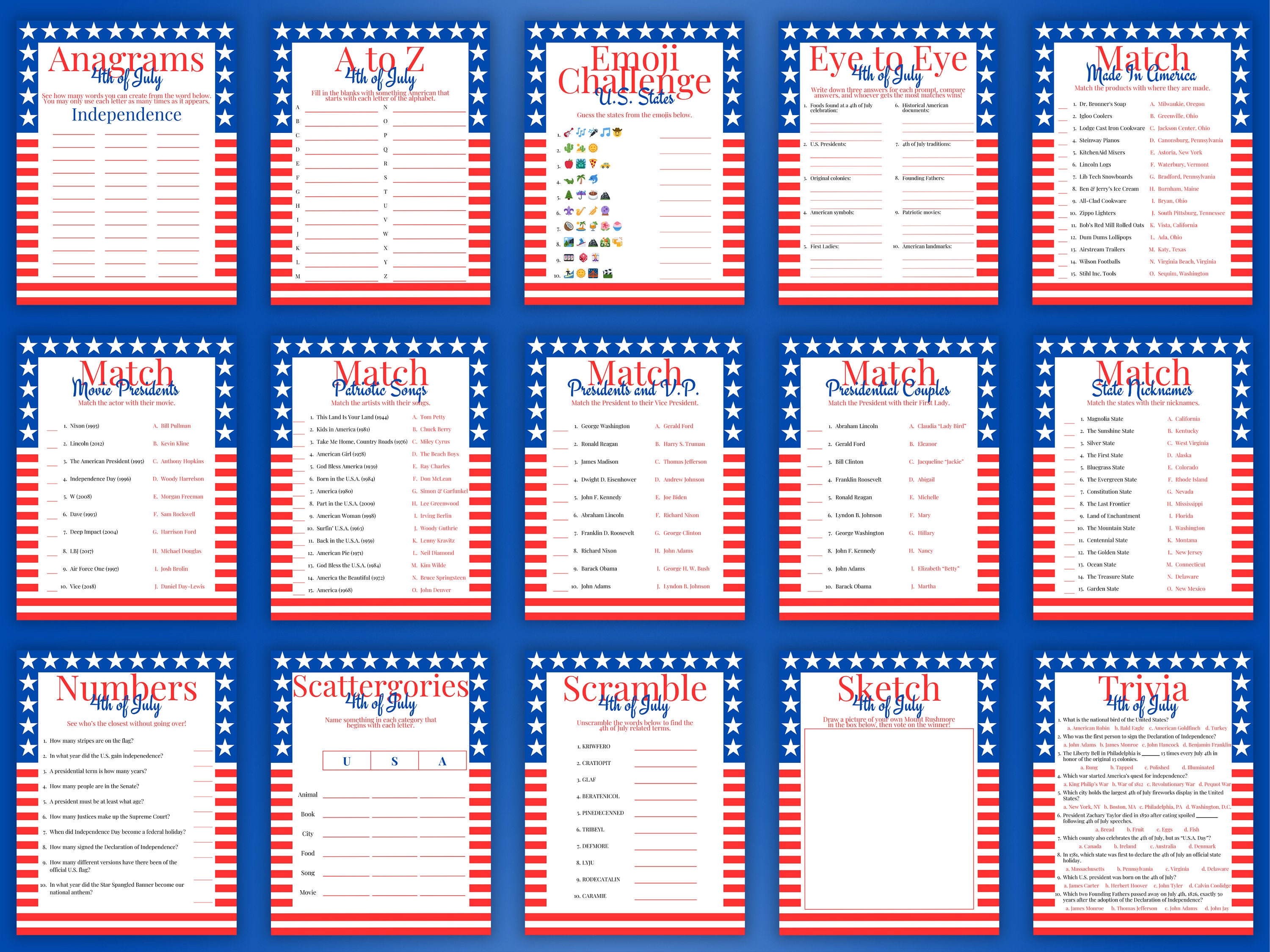 4th of July Printable Party Games Bundle, Fourth of July Trivia, Match ...
