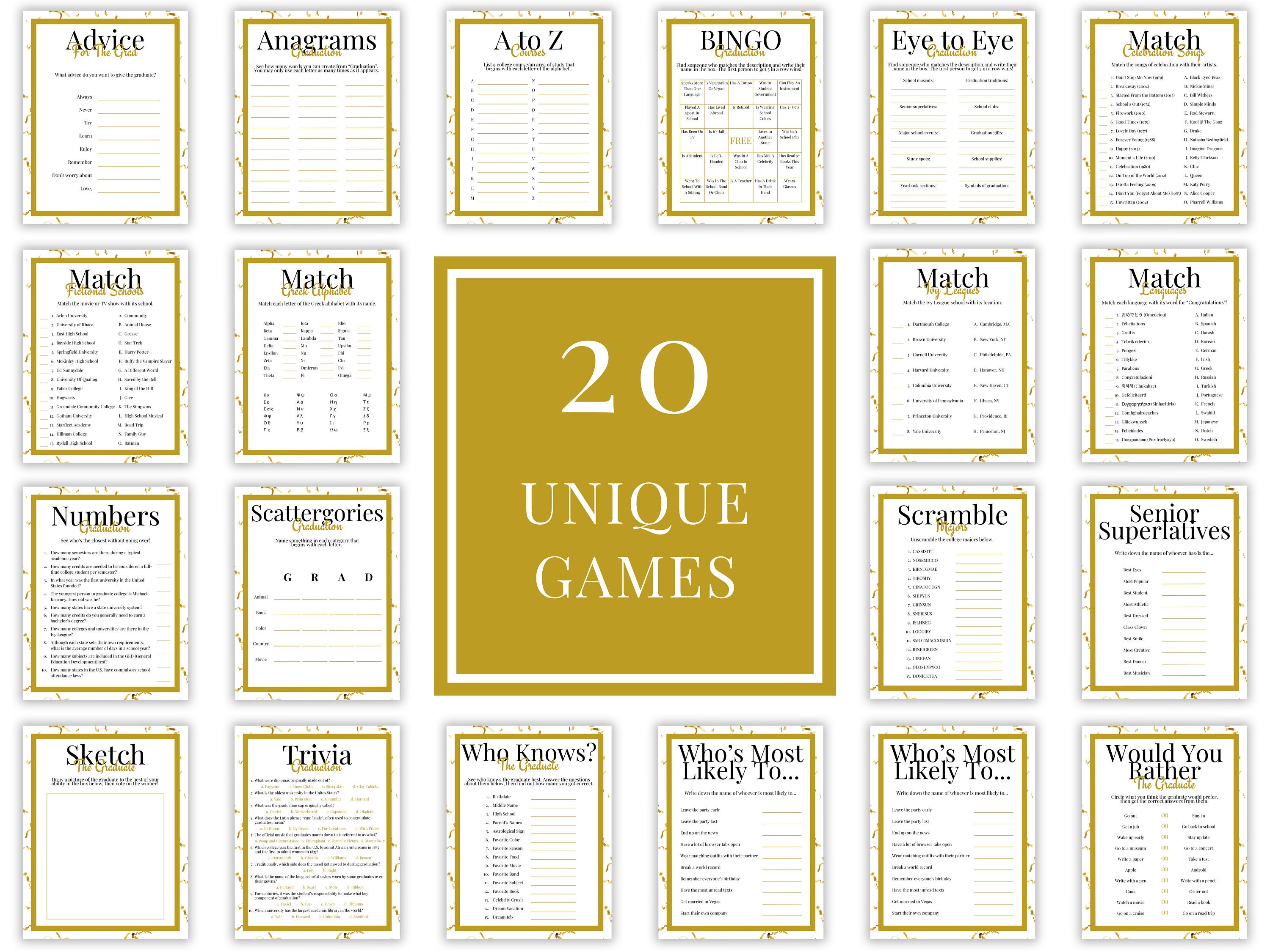 Graduation Printable Party Games Bundle, Trivia, Matching Games, Bingo ...