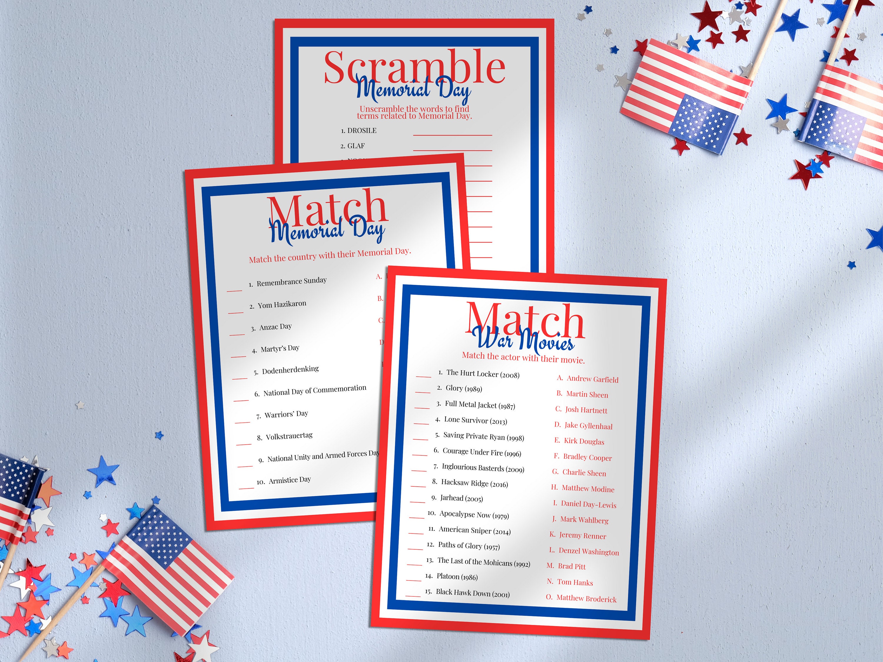Memorial Day Printable Party Games Bundle, Trivia, Matching Games ...