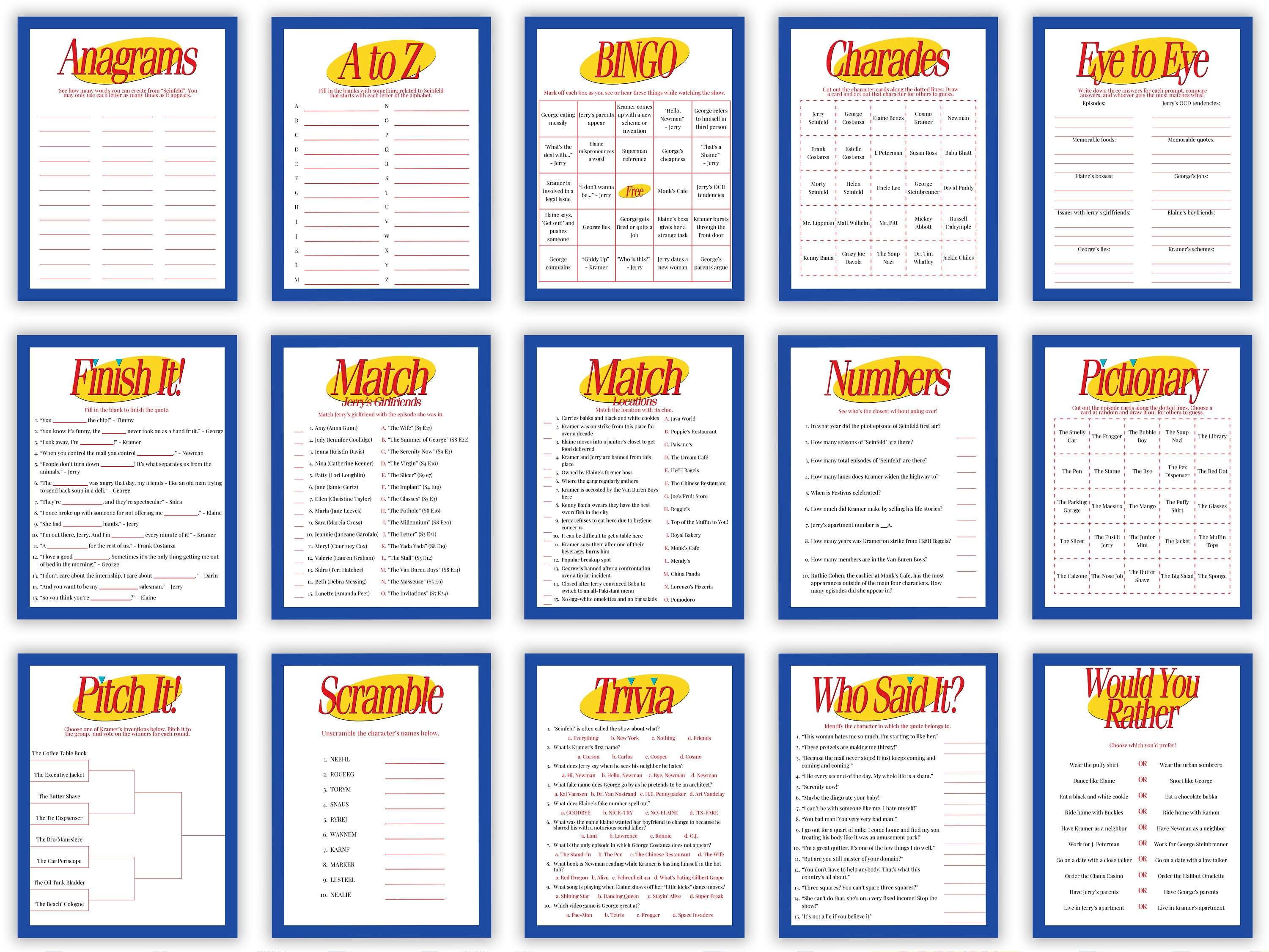 Seinfeld Printable Party Games Bundle, Trivia, Pictionary, Would You ...