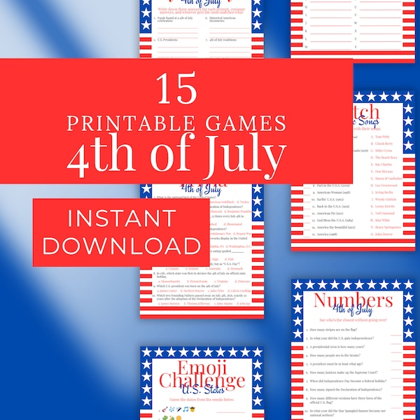 4th of July Printable Party Games Bundle, Fourth of July Trivia, Match ...