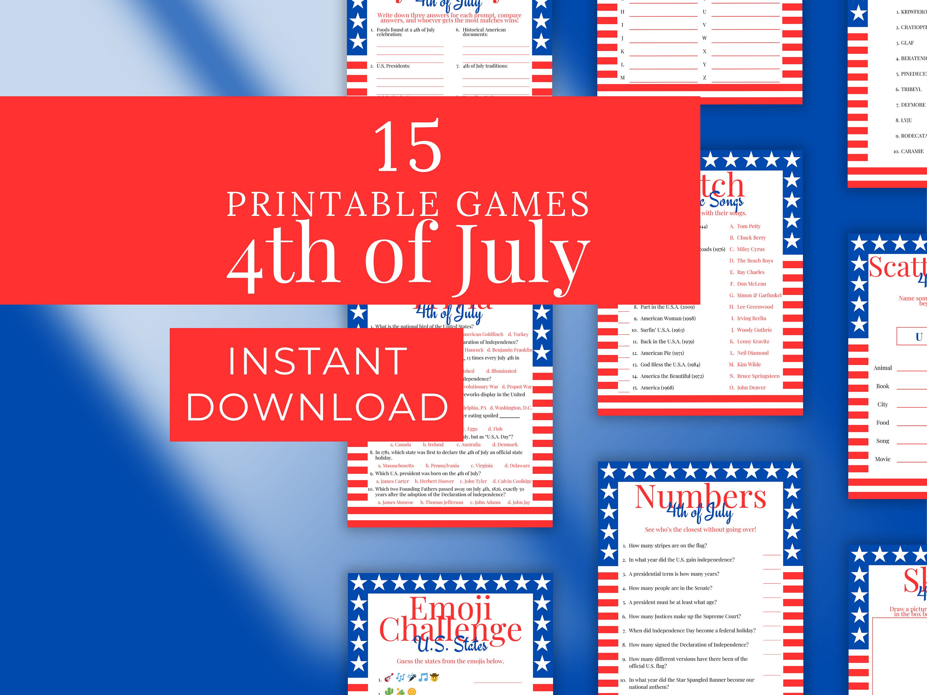 4th of July Printable Party Games Bundle, Fourth of July Trivia, Match ...