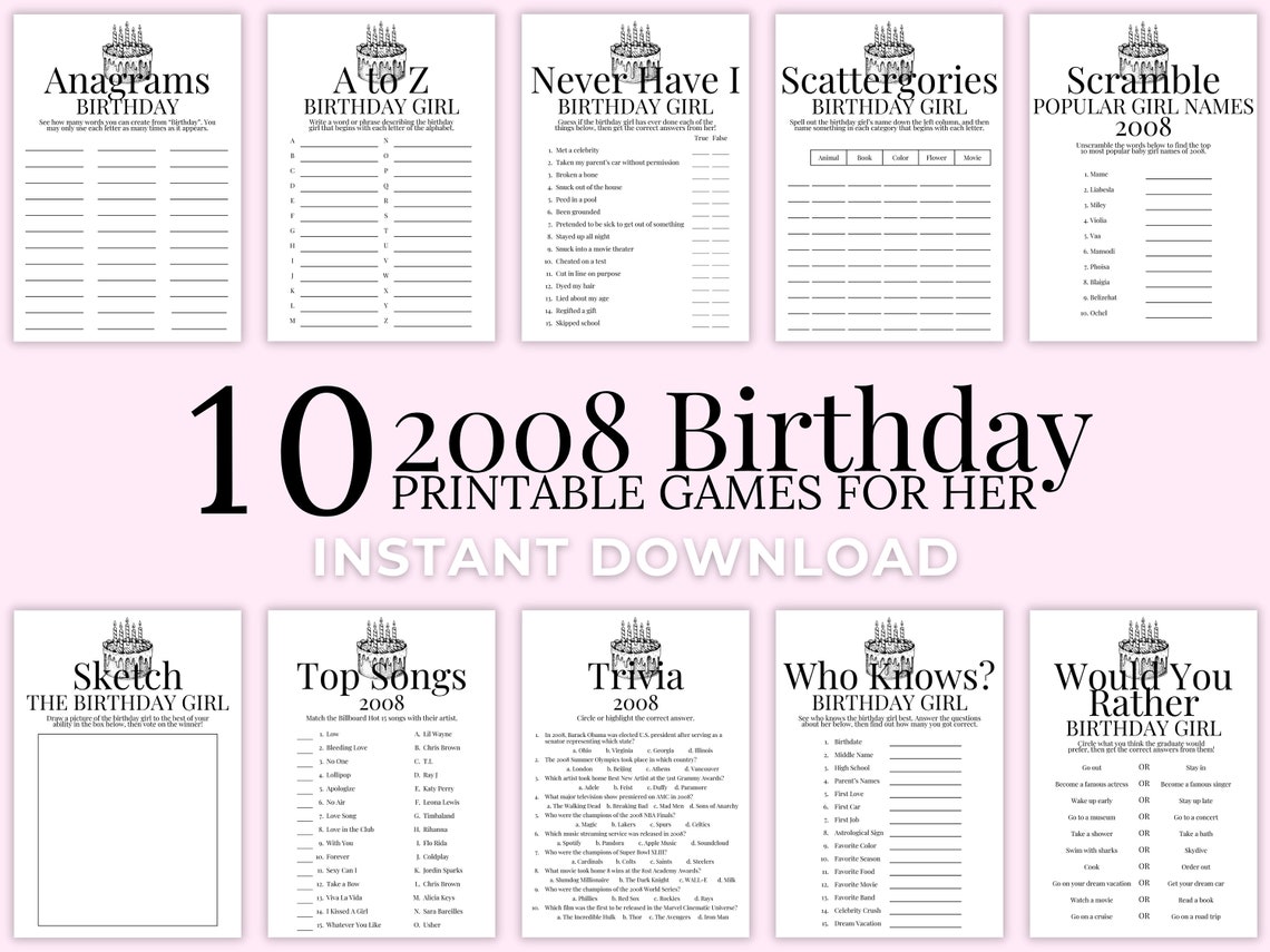 17th Birthday Printable Party Game Bundle, Birthday Girl Gift, 2008 ...