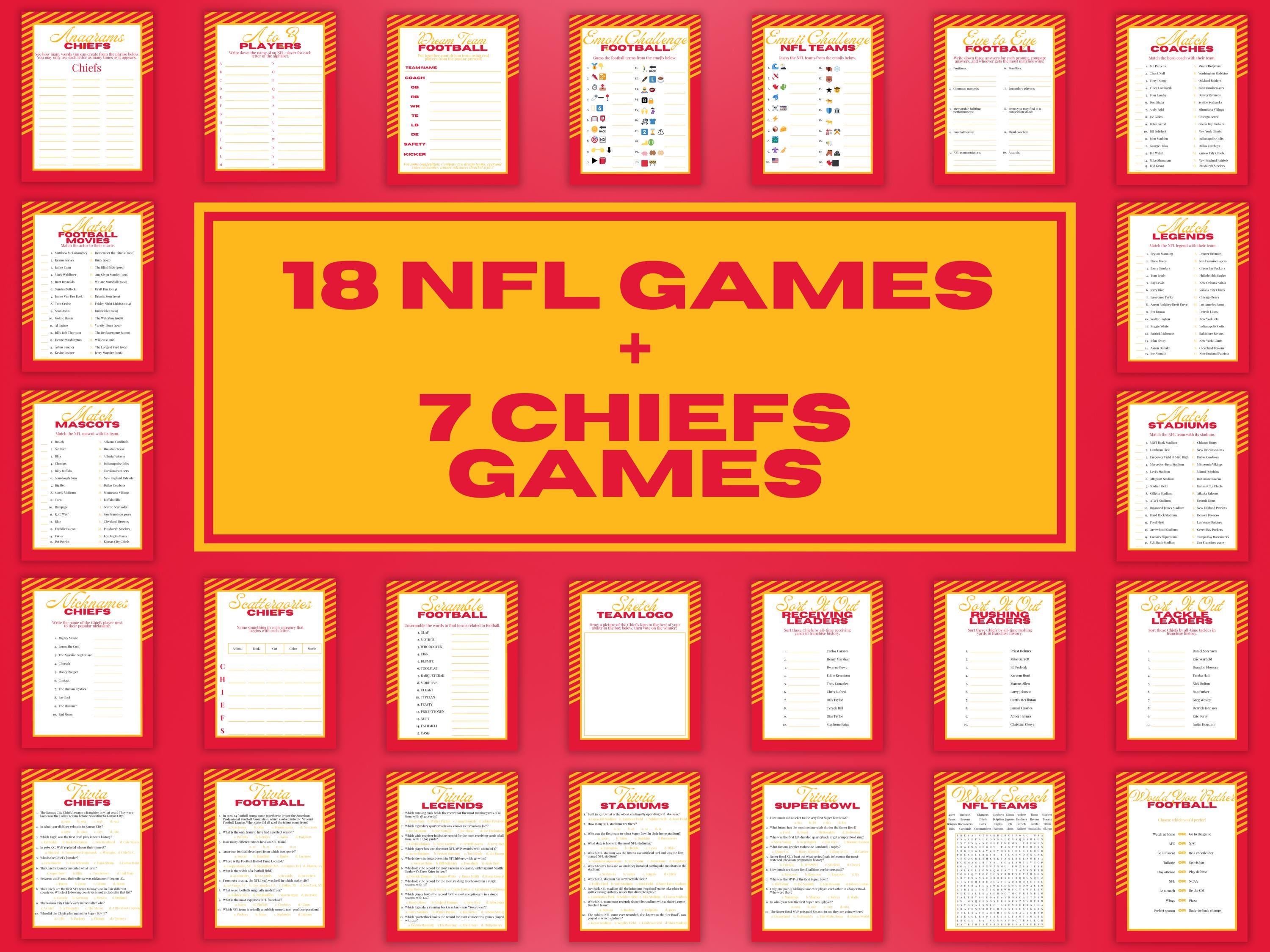 Chiefs Printable Party Games Bundle, Football Trivia, NFL Team Word ...