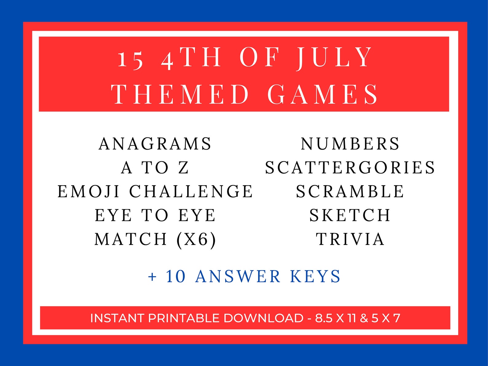 4th of July Printable Party Games Bundle, Fourth of July Trivia, Match ...