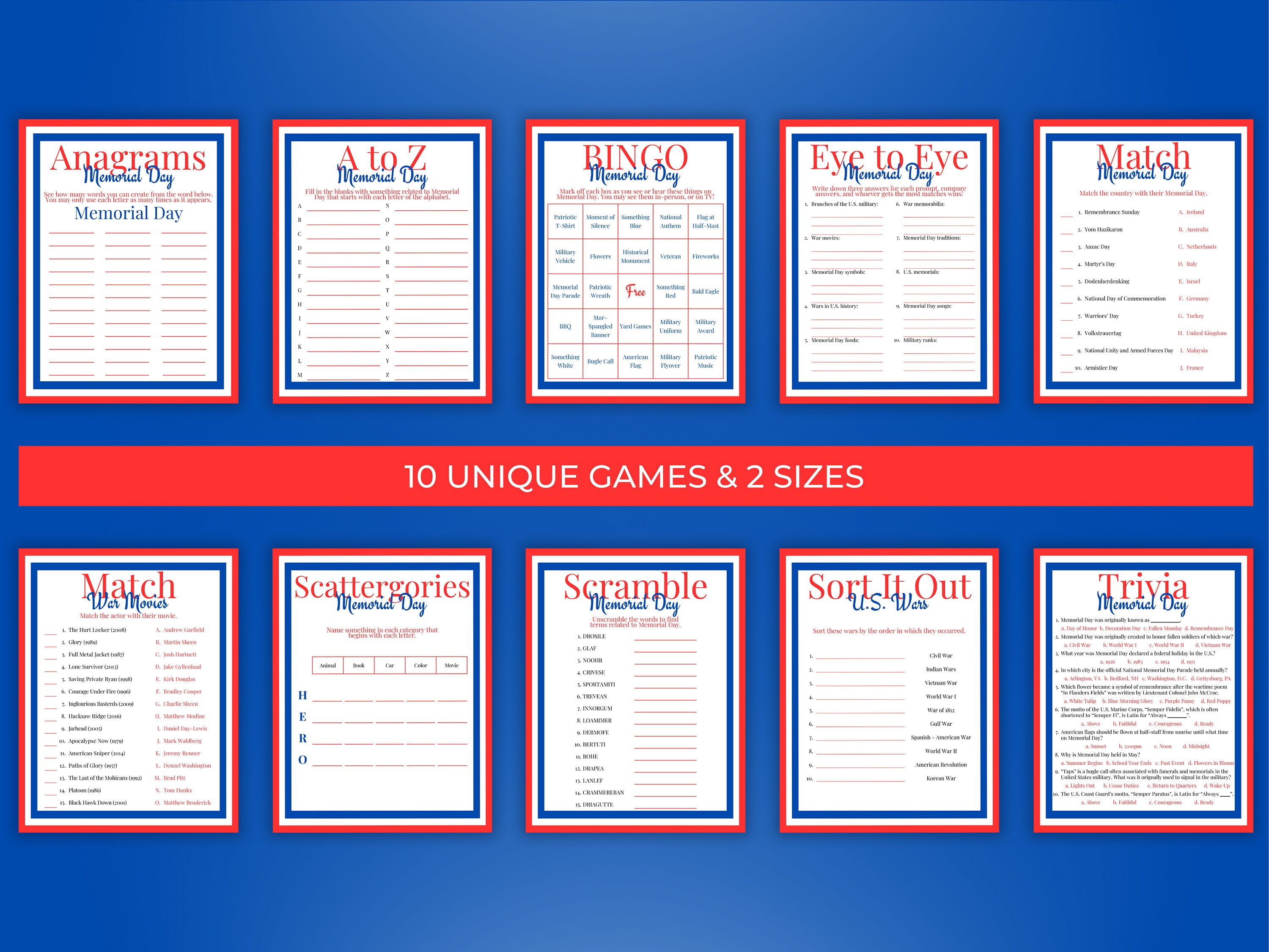 Memorial Day Printable Party Games Bundle, Trivia, Matching Games ...