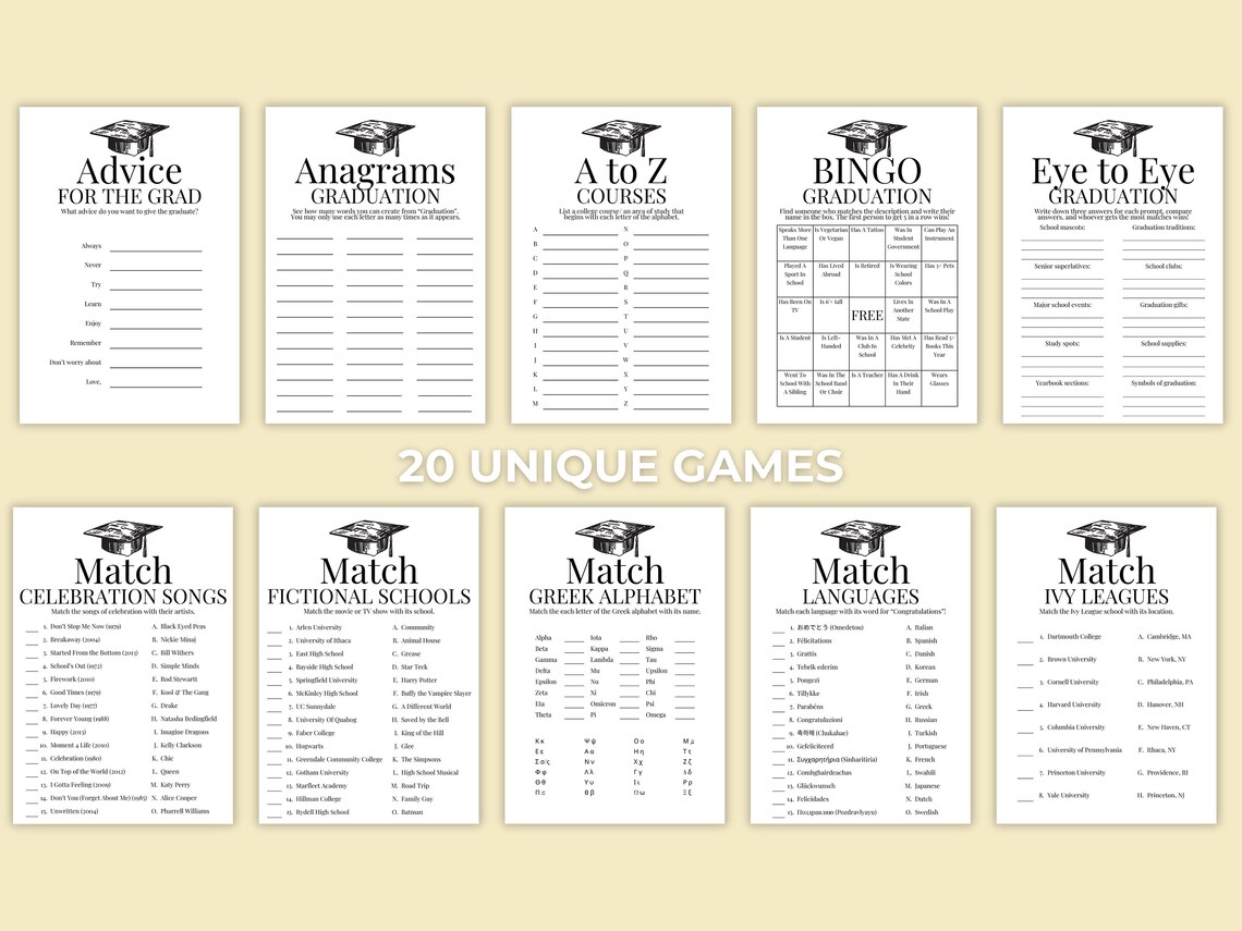 Graduation Printable Party Games Bundle, Trivia, Matching Games, Bingo ...