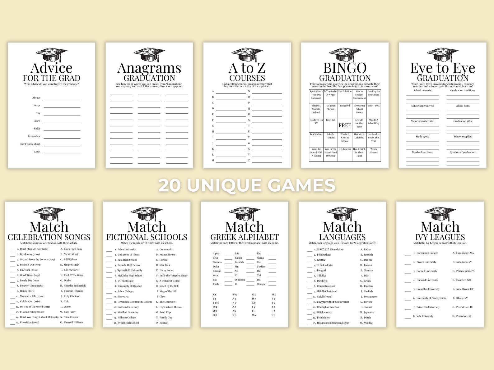 Graduation Printable Party Games Bundle, Trivia, Matching Games, Bingo ...
