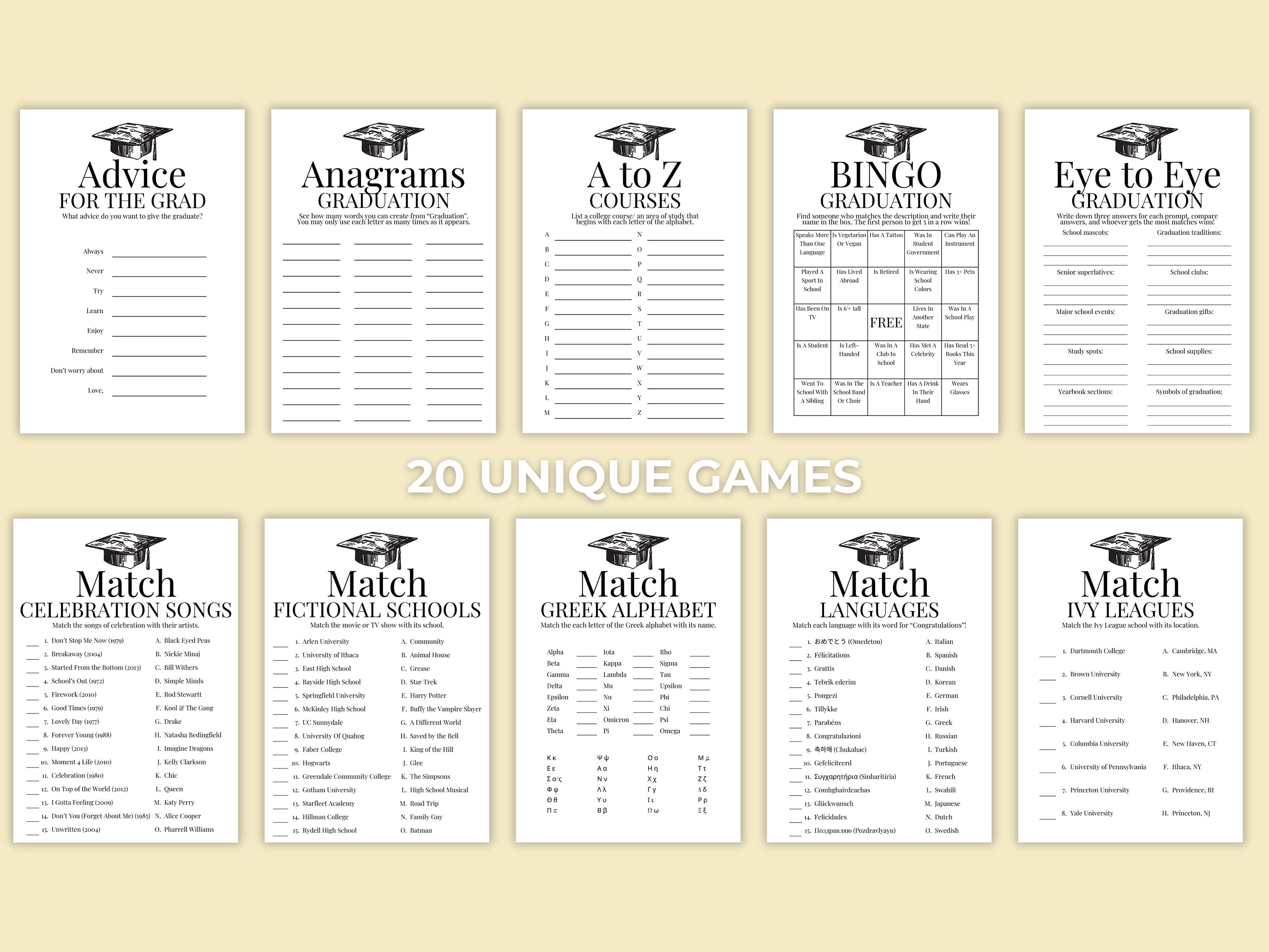 Graduation Printable Party Games Bundle, Trivia, Matching Games, Bingo ...