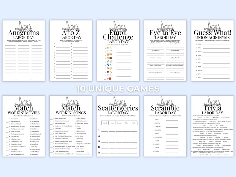Labor Day Printable Party Games Bundle, Trivia, Matching Games, Emoji ...