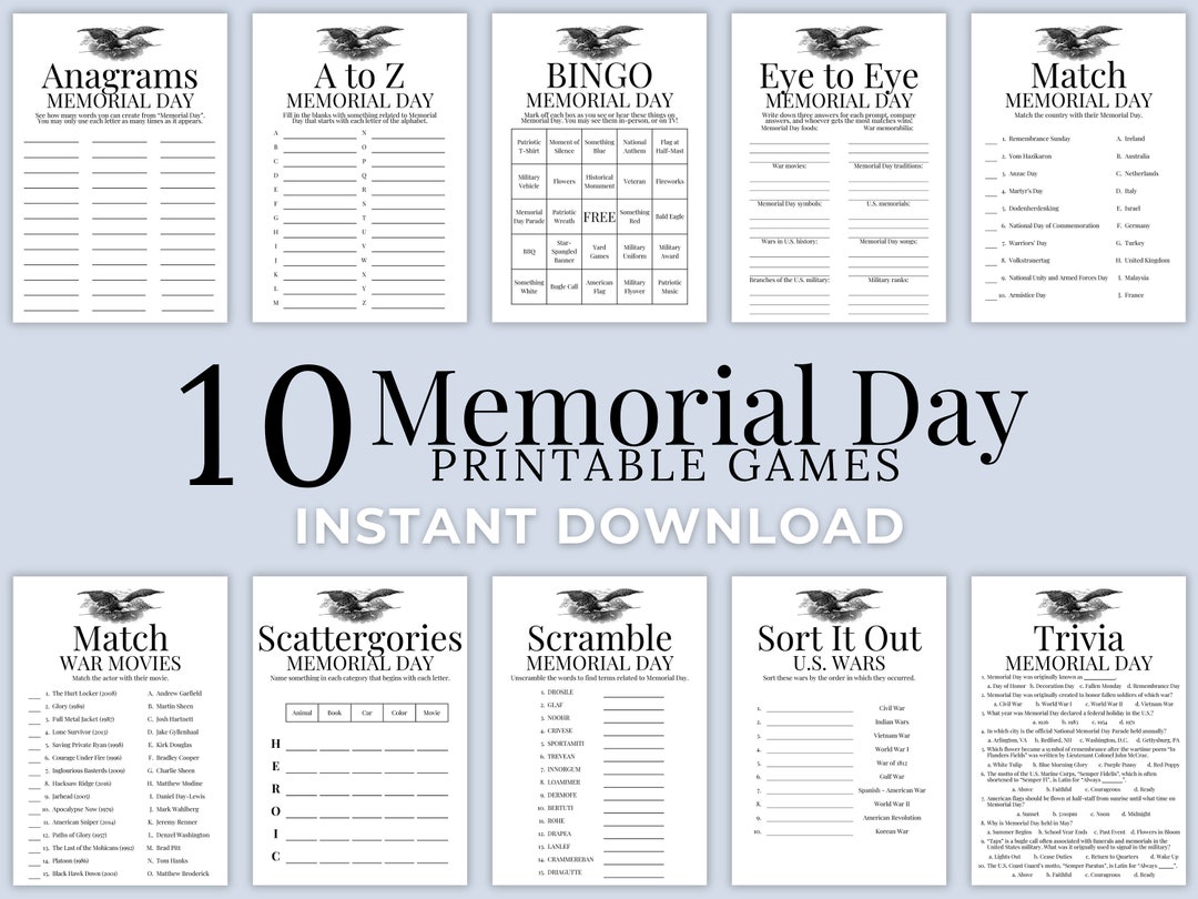 Memorial Day Printable Party Games Bundle, Trivia, Matching Games ...