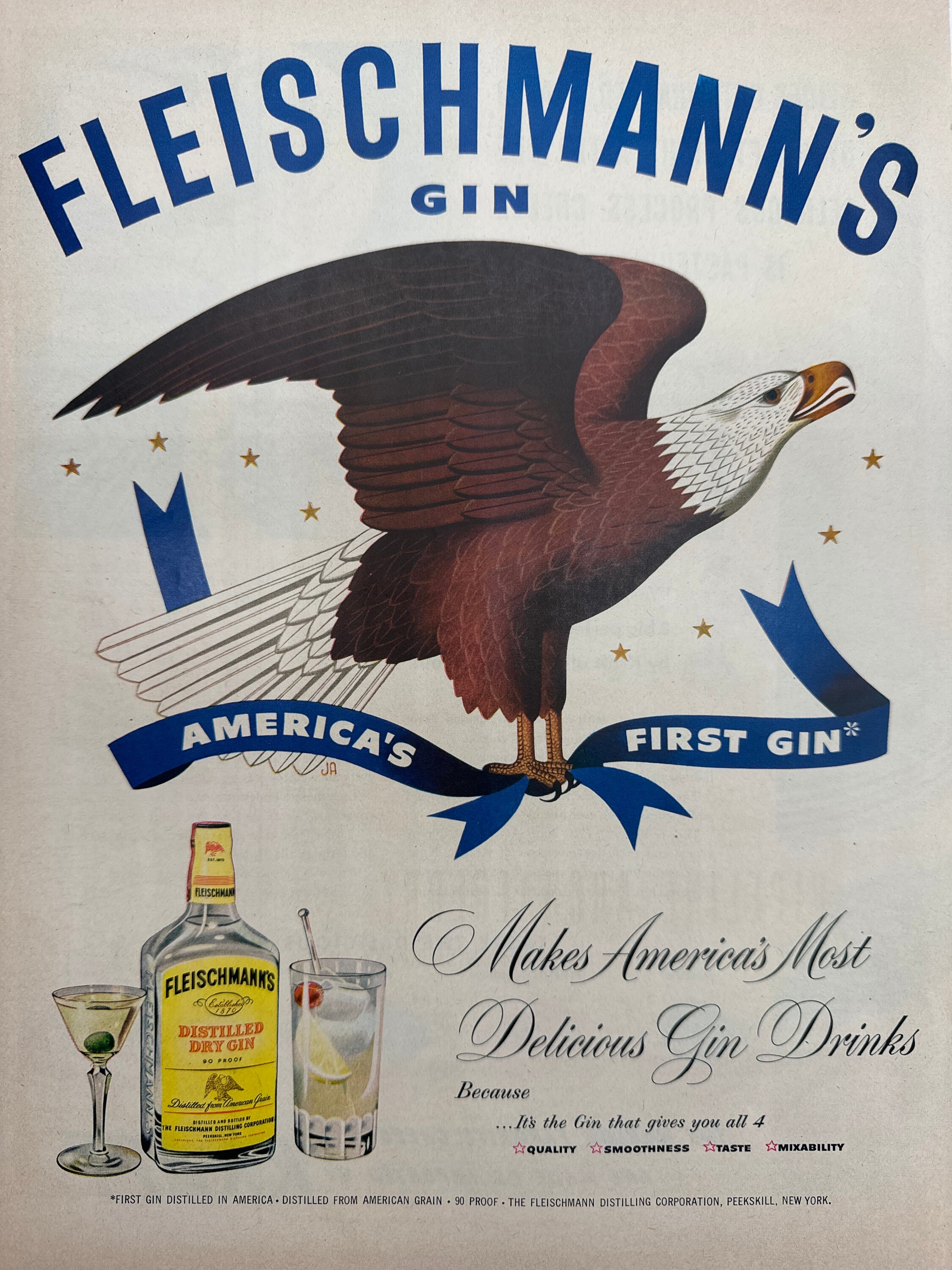 Fleischmann’s Gin Alcohol Advertisement Gift Home 1950’s Original Wall ...