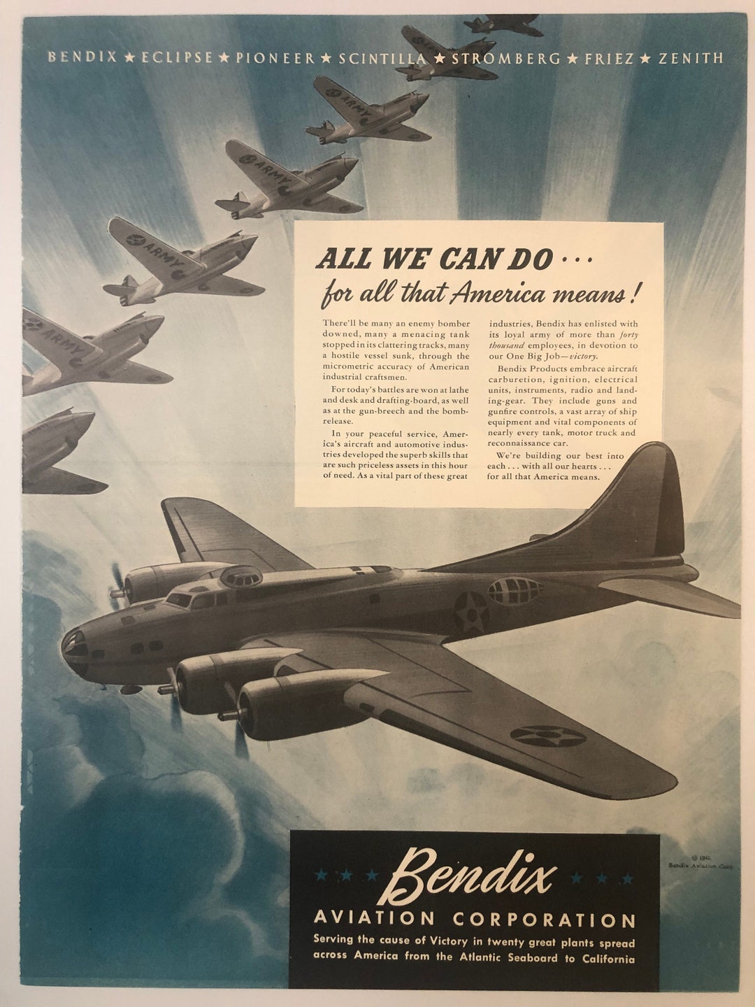 Bendix Aviation Advertisement 1940’s Man Cave Home Decor Original ...