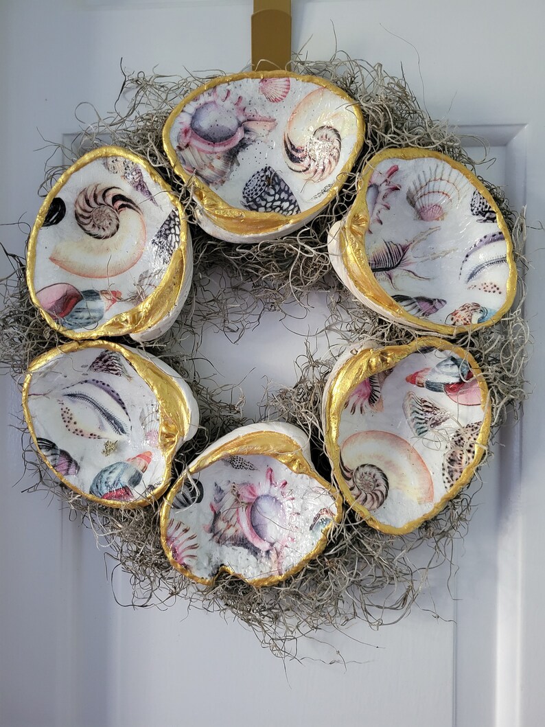 Decoupaged Seashell Wreath, Beach Decor, Nautical Decor, Beach House Decor, Seashell Art, Wall ...