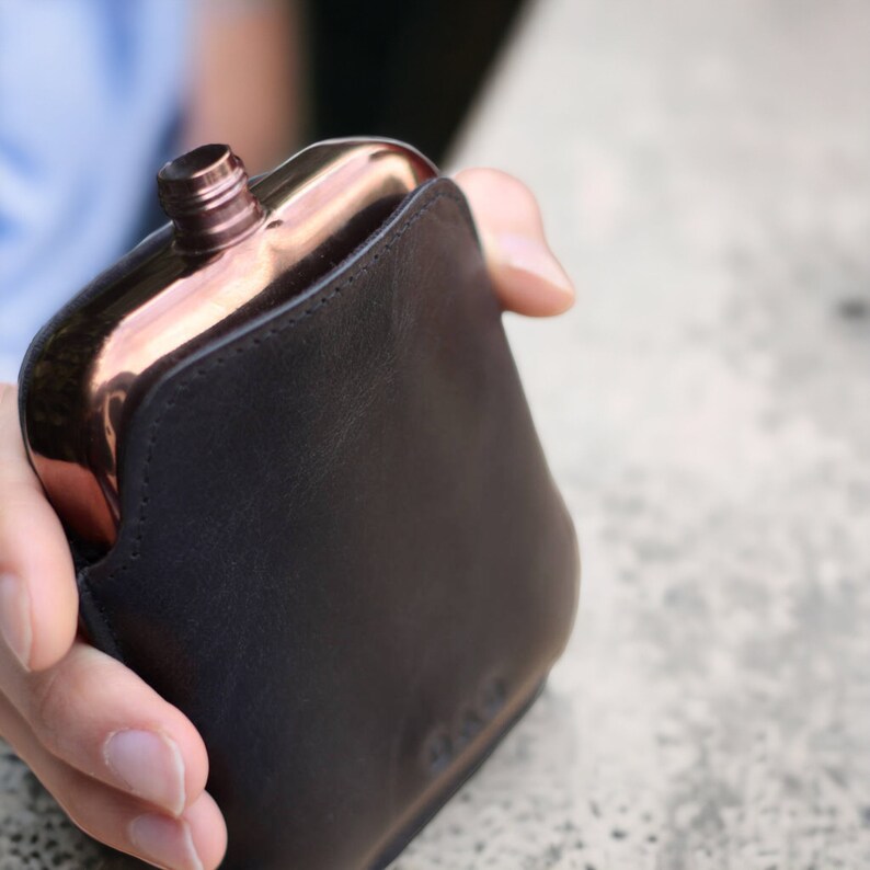 Personalised Copper Hip Flask, 5.5oz Flask W/ Vintage Leather Sleeve ...