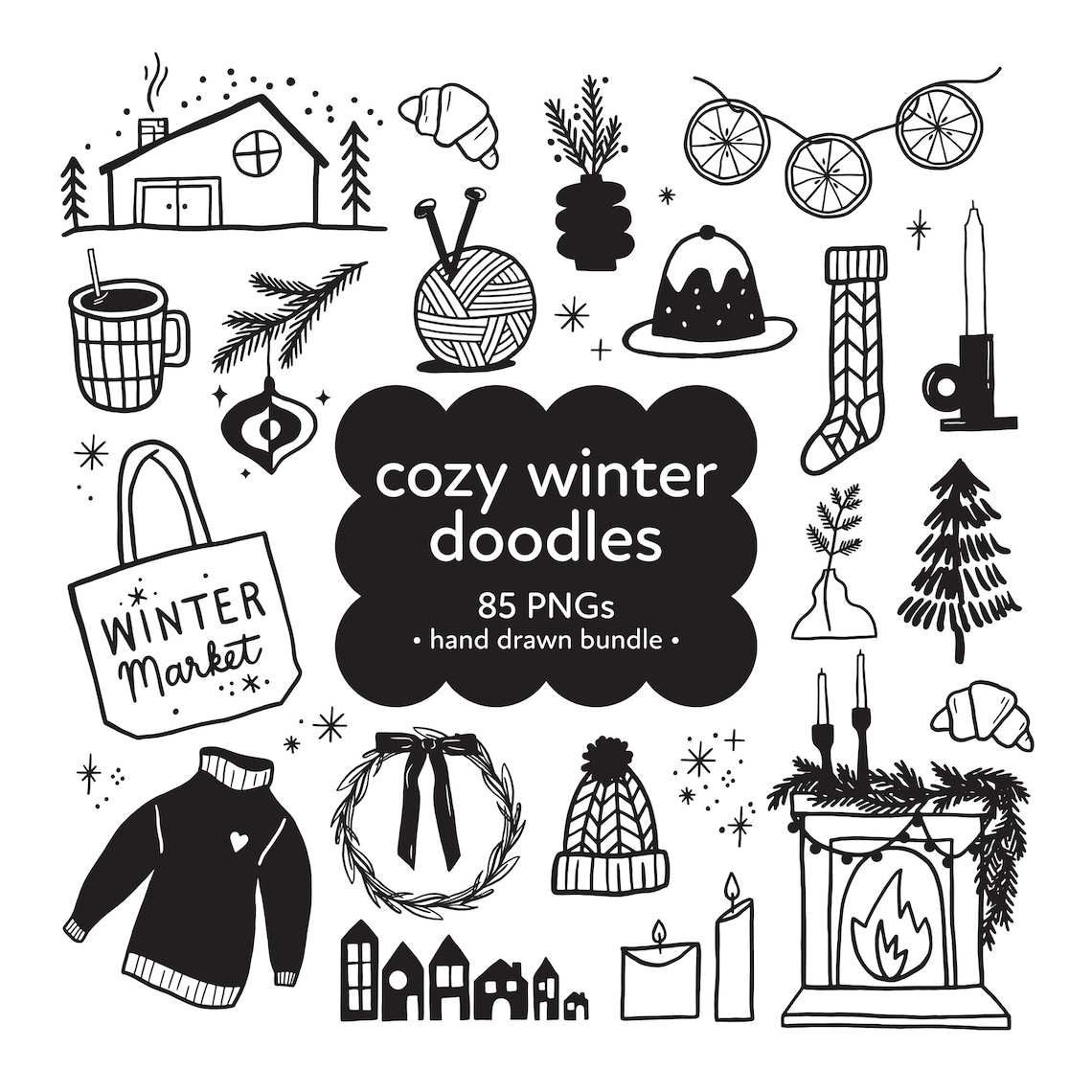 Cozy Winter Doodle Clipart, Cozy Christmas Clipart PNG, Cozy Winter ...