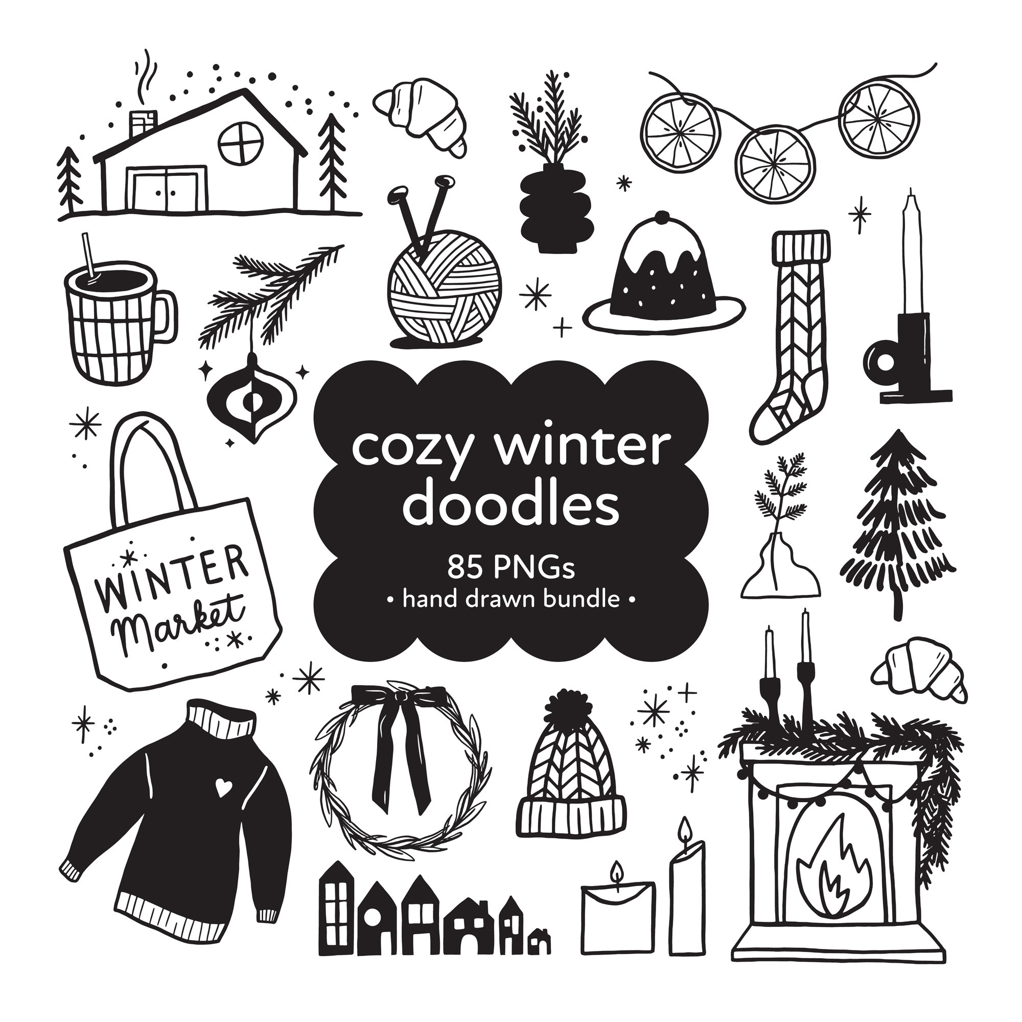 Cozy Winter Doodle Clipart, Cozy Christmas Clipart PNG, Cozy Winter ...
