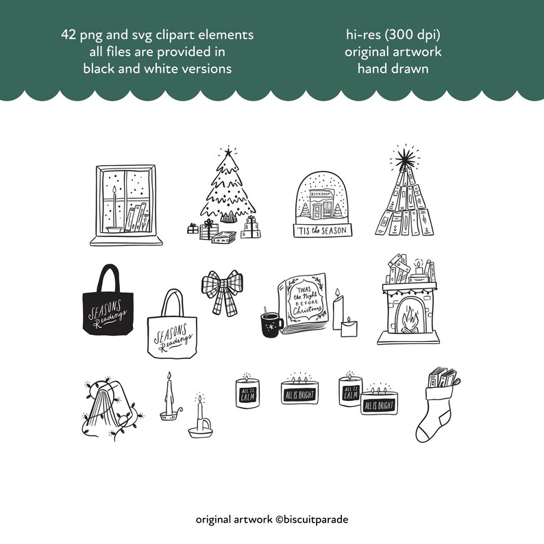 Whimsical Christmas Book Doodles: Cozy Reader Clipart for Bookish Gifts ...