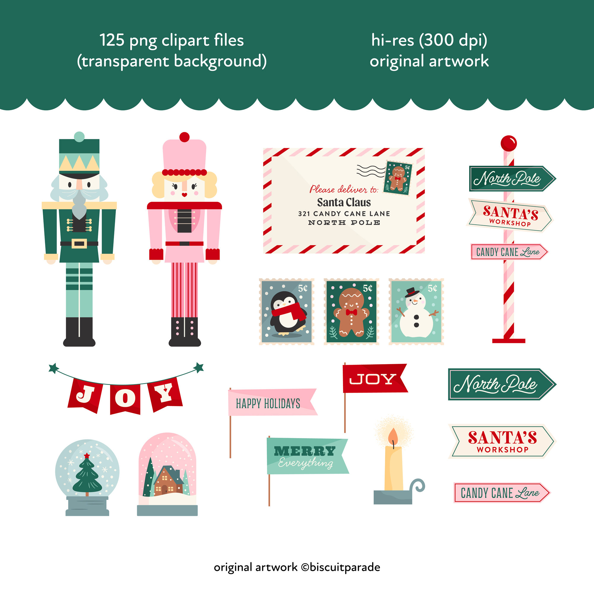 Christmas Clipart Bundle: 125 PNG Graphics - Santa, Snowman, Candy Cane ...