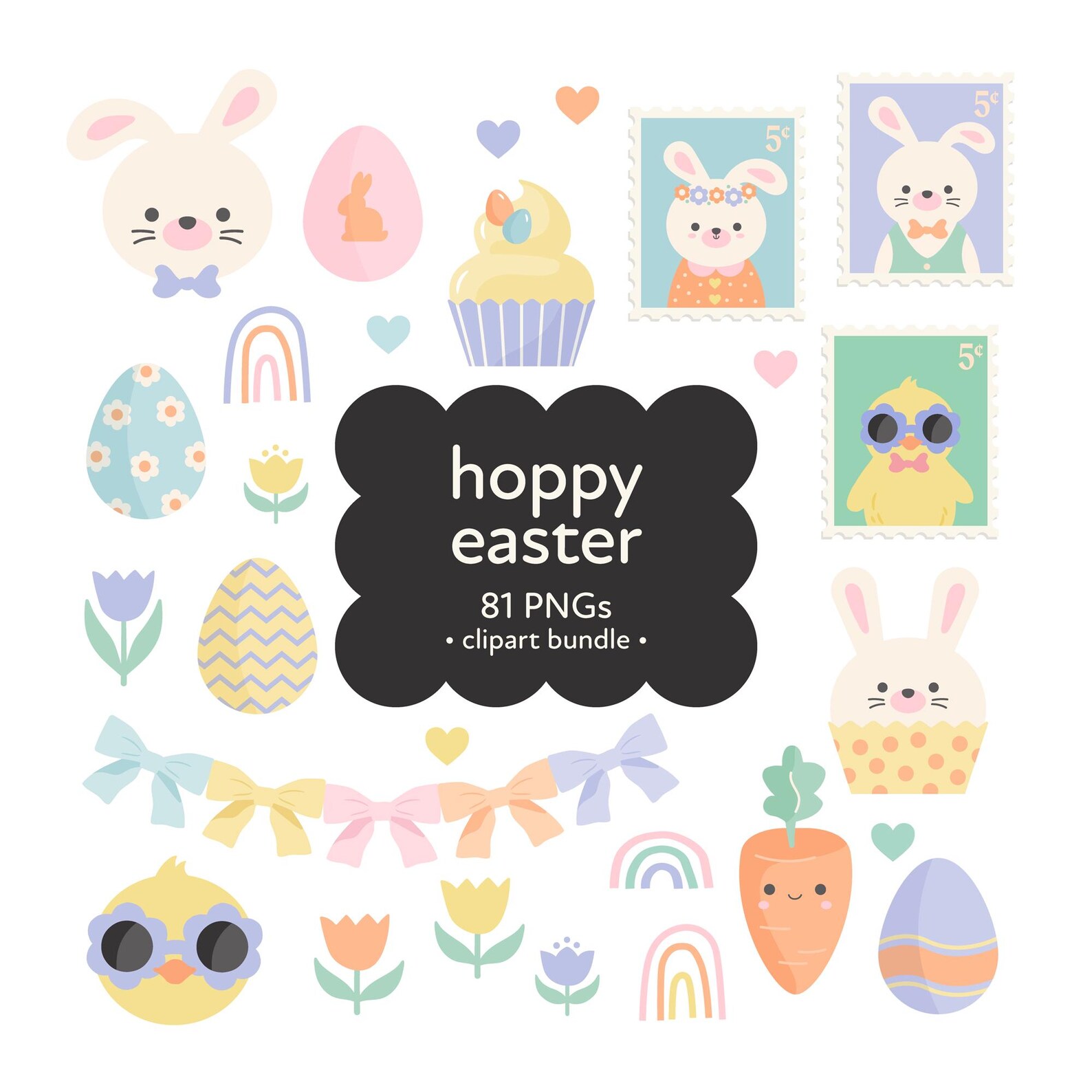 Cute Pastel Easter Clipart Bundle, Cute Bunny PNG, Easter Eggs, Spring ...
