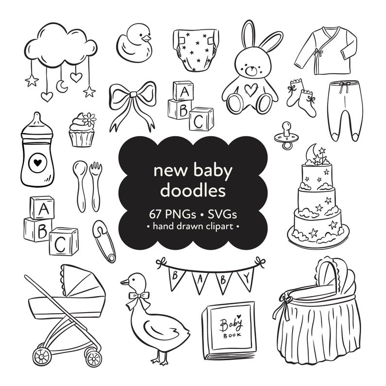 Hand Drawn Baby Shower SVG Bundle: Clipart, Cricut Cut Files (digital ...