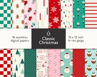 Classic Christmas Seamless Pattern Bundle, Retro Holiday Backgrounds ...