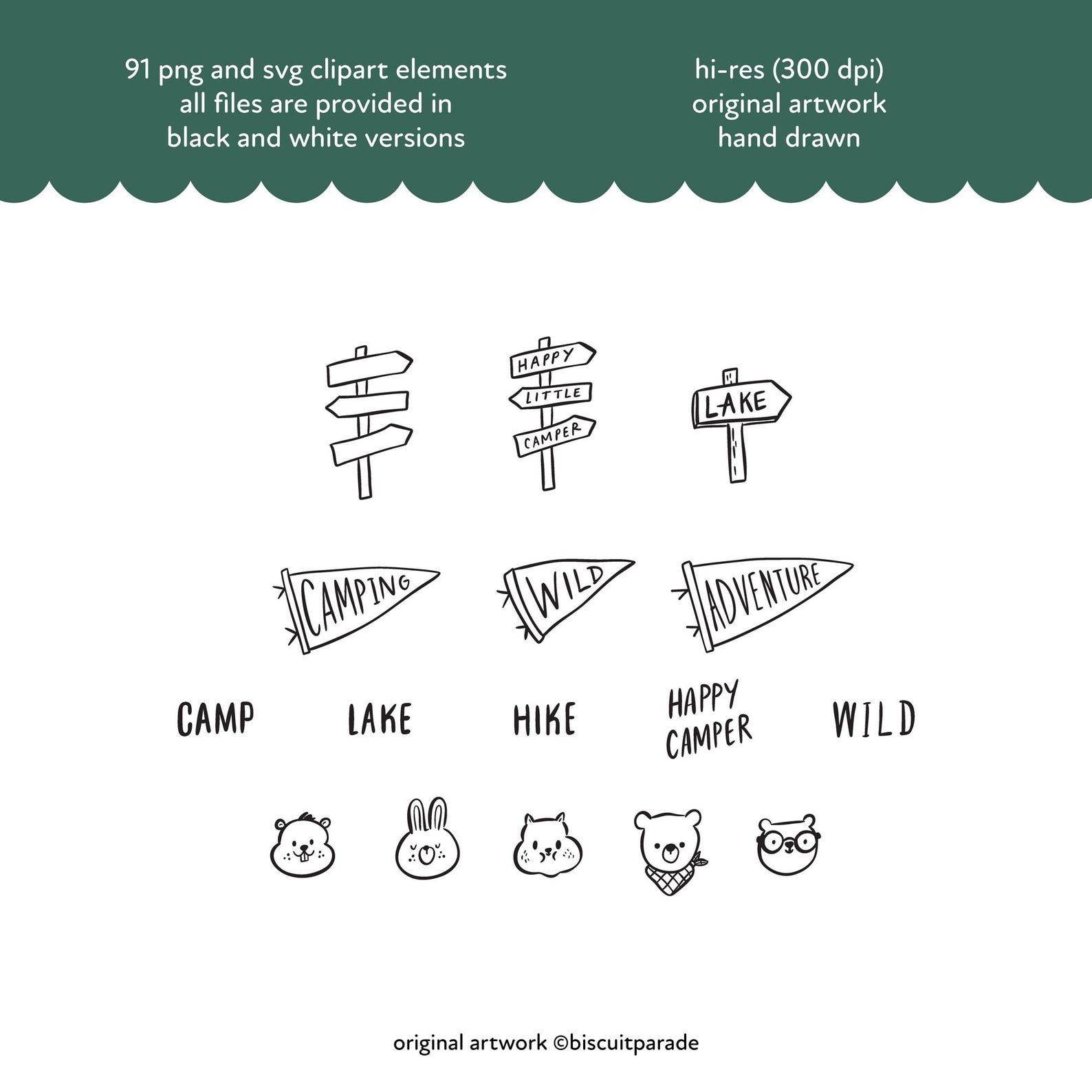 Happy Camper Doodle Clipart Bundle: Hand-drawn PNG & SVG Icons (digital ...