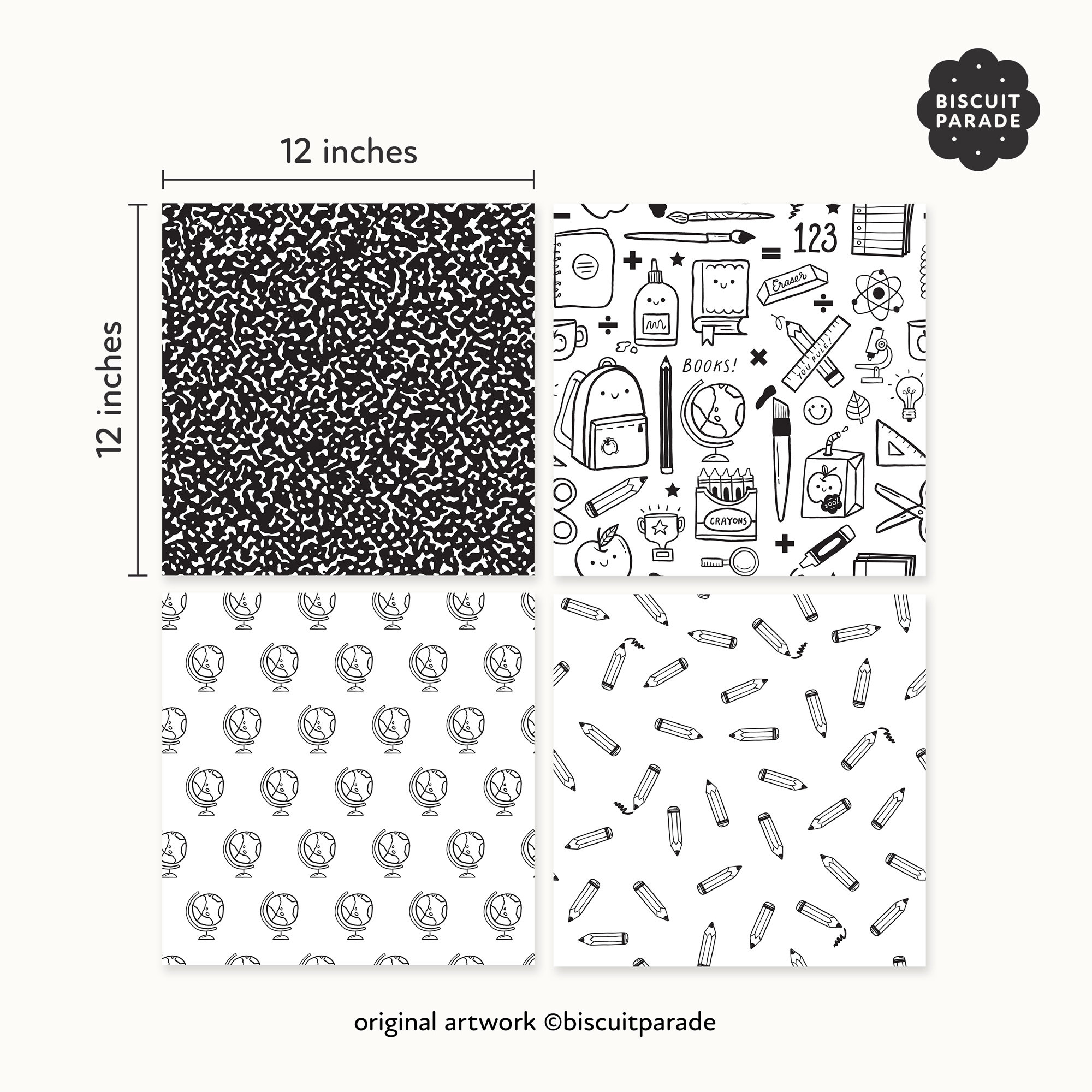 School Doodle Digital Paper: Black and White Seamless Patterns (digital ...