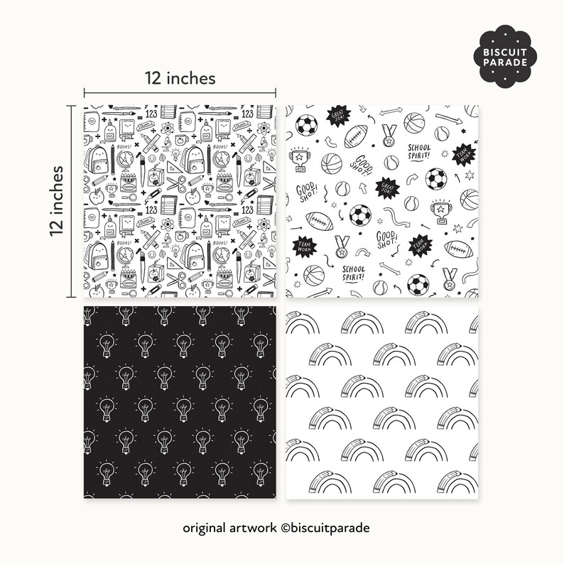 School Doodle Digital Paper: Black and White Seamless Patterns (digital ...