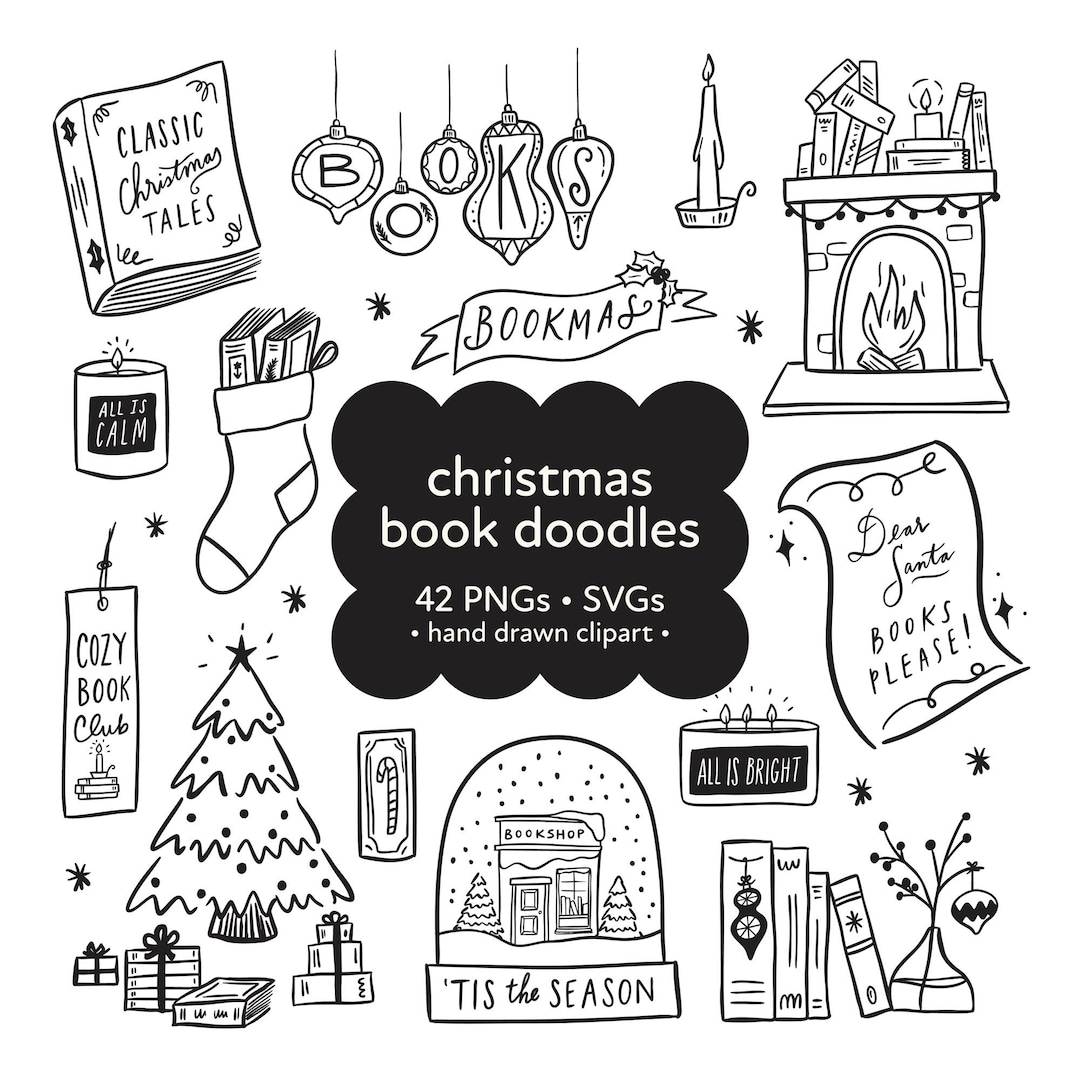 Christmas Book Doodles Clipart, Christmas Bookish Clipart, Cozy Readers ...