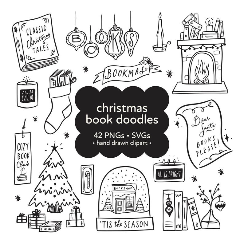 Whimsical Christmas Book Doodles: Cozy Reader Clipart for Bookish Gifts ...