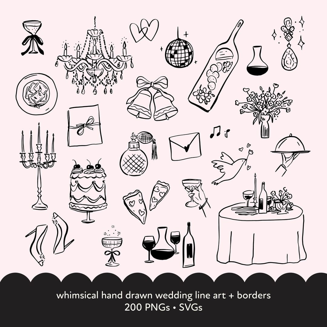 Whimsical Hand-drawn Wedding Clipart: SVG & PNG Illustrations, Romantic ...